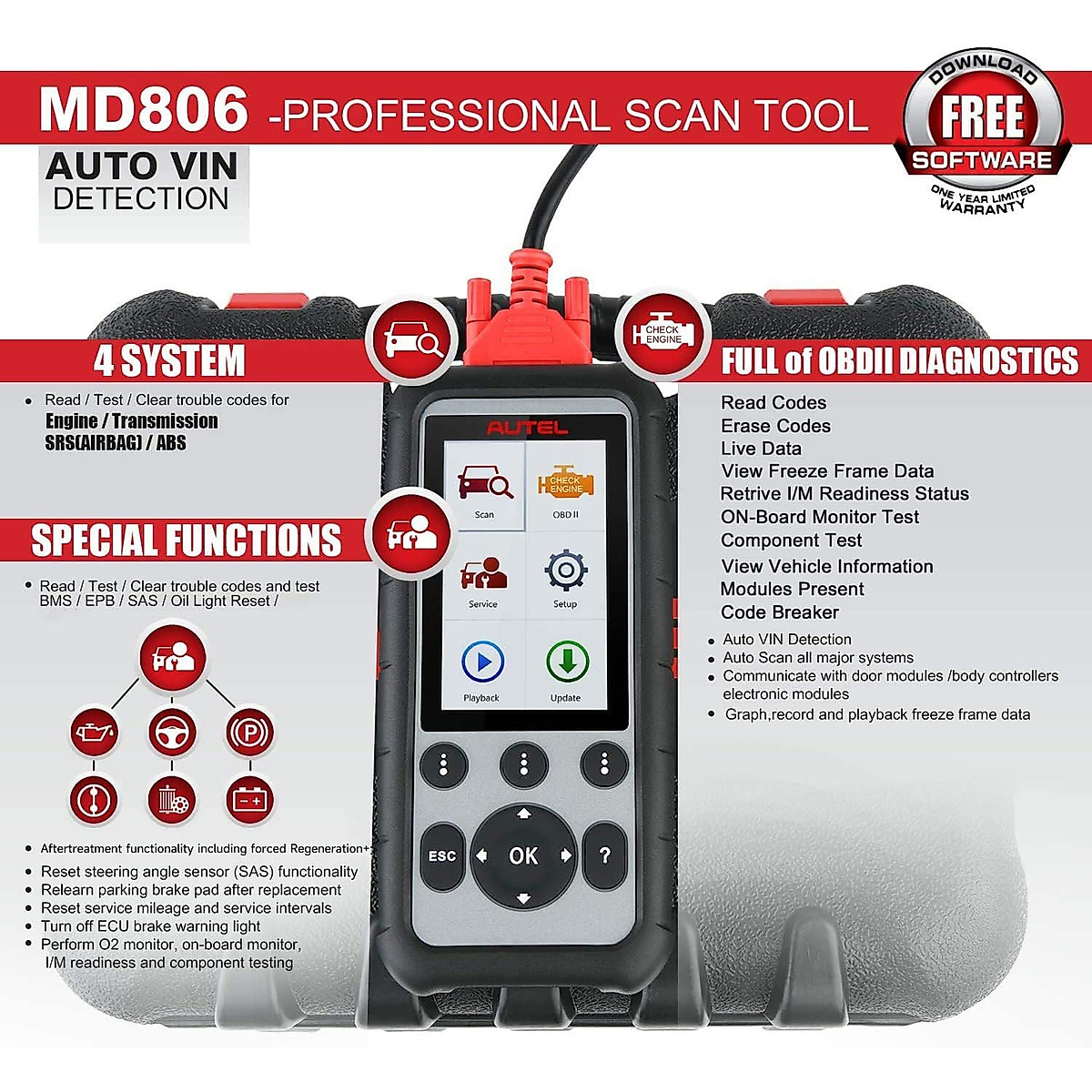 Autel MaxiDiag MD806 OBD2 Scanner, ABS SRS Engine Transmission Four Systems Diagnostic Scan Tool with Oil Reset EPB SAS BMS for Specific Vehicles Up to 2015, Auto VIN, Live Data, Lifetime Free Update