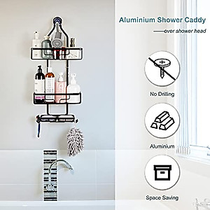 smusei Shower Caddy Over Shower Head Aluminum Shower Organizer Hanging Bathroom Shower Shelves for Inside Shower 3 Tier Shower Racks with Hooks and Shampoo Soap Razor Holder - Black
