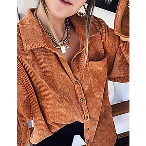 Saslax Womens Corduroy Shirt Long Sleeve Oversized Button Up V Neck Blouses Tops Loose Shacket Jacket with Pockets Burnt Oranage L