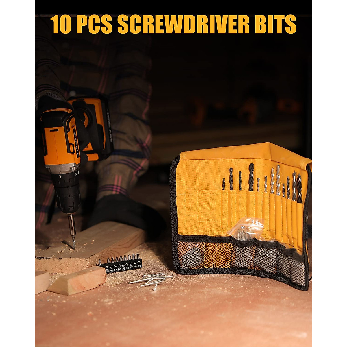 WORKSITE 102PCS Drill Bits Set and Screwdriver Bits for Metal, Wood, Masonry, Drilling and Driving Accessories with Screws, Anchors and Roll Tool Pouch