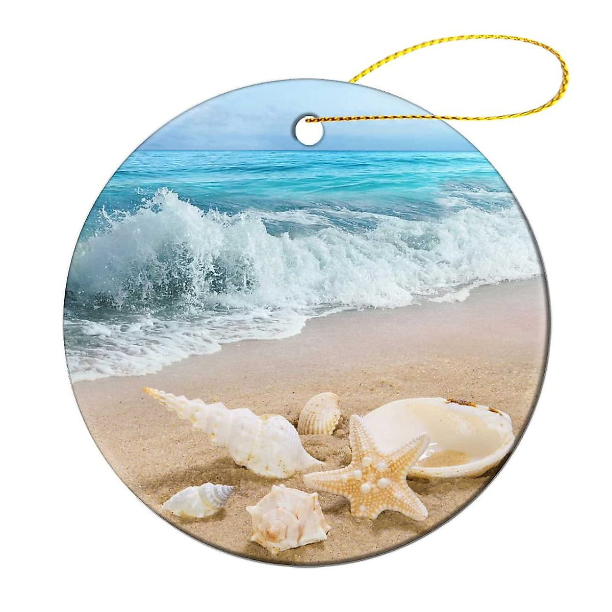 Beach Seashells on Sea Shore 2 PCs Christmas Round Hanging Ceramic Ornament Keepsake, Sign Plaque Tree Decoration with Thick Gold String for Xmas Holidays