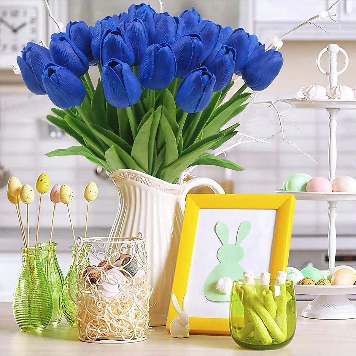 Lazeny 20 pcs Artificial Tulip Flowers Real Touch PU Bouquet Fake Flower Arrangements Indoor Outdoor Wedding Decoration Table Centerpieces, for Home Office Party Garden Porch Window Decor (Blue)