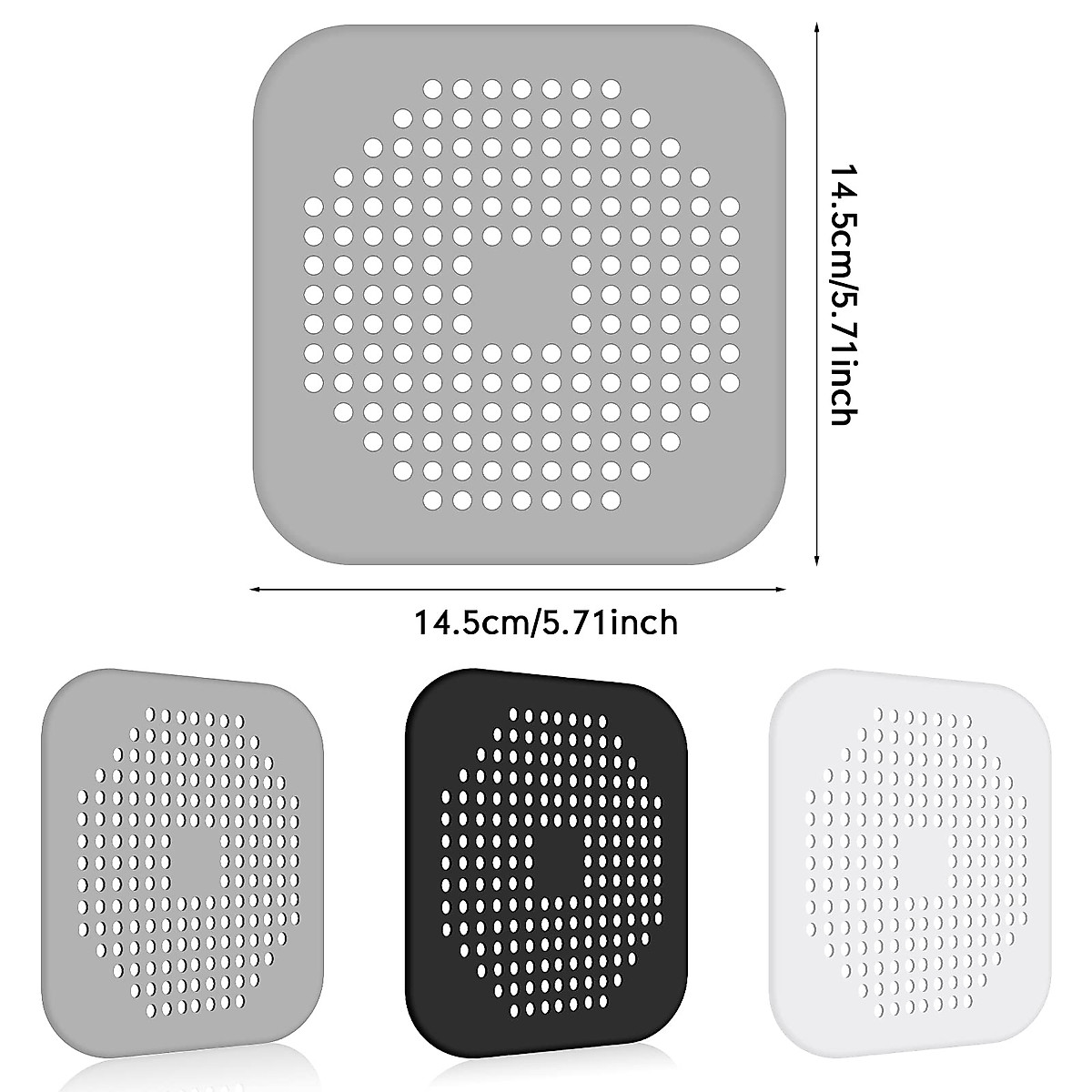 6 Pcs Shower Drain Hair Catcher Silicone TPR Square Drain Cover Hair Trap for Shower Drain Bathtub Bathroom Kitchen with Suction Cups, Grey Black White