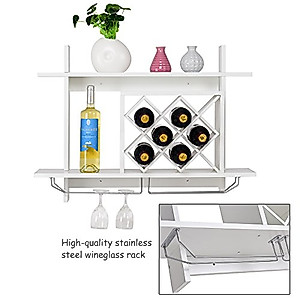 Giantex Wall Mounted Wine Rack Organizer W/Metal Glass Holder & Multifunctional Storage Shelf Modern Diamond-Shaped Wood Wine Server for 6 Bottles Wine Storage Display Rack (White)