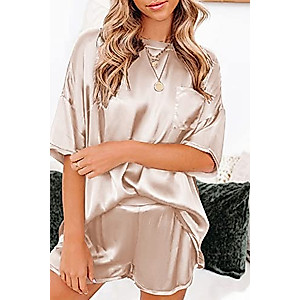 Ekouaer Satin Pajamas for Women Short Sleeve Silk Pajama Sets Soft Sleepwear Top with Causal Pj Shorts Champagne S