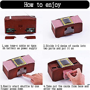 HJCMikee 1 to 2 Deck Automatic Card Shuffler Luxury Wood Grain Professional Casino Poker Cards Shuffle Machine Playing Blackjack Game Battery Operated Or USB Electric Equipment