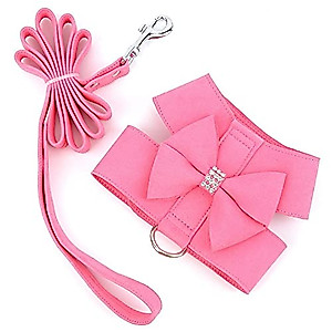 SELMAI Small Pet Dog Cat Bling Rhinestone Harness and Leash Set Bow Girls Soft Ultra Suede Leather, Adjustable/No Pull Pink L