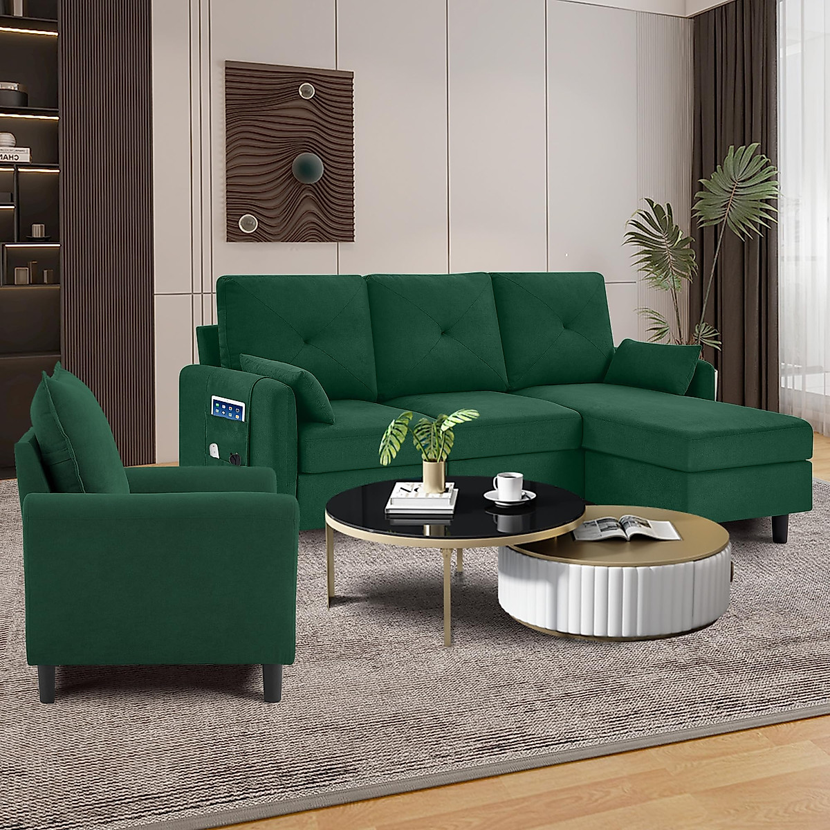 Tornama Sectional Sofa Set 77" Convertible Sofa and Accent Chair Small 3 Seat L Shaped Couch with Reversible Ottoman and Side Pockets, Modern Linen Sofa Couch for Living Room, Office, Apartment, Green