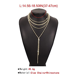 Chargances Boho Layered Rhinestone Choker Necklace Gold Crystal Long Choker Necklaces Fashion Sexy Body Costume Accessories for Women and Girls (Gold)