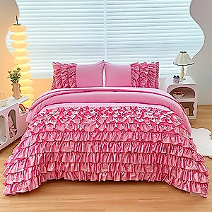 Tasselily Princess Ruffle Comforter Set Queen Szie, 5 Pcs Bed in a Bag Bling Shiny Sequin Ruffle Pink Bedding Set with Sheets for Girls/Woman