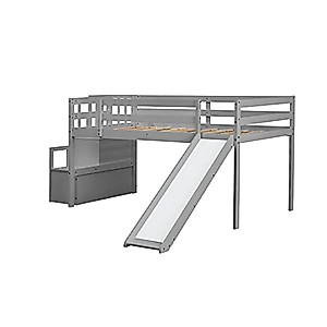 Longrune Twin Floor Loft Bed with Slide and Storage Staircase, Saving Space, for Kids Bedroom, Grey
