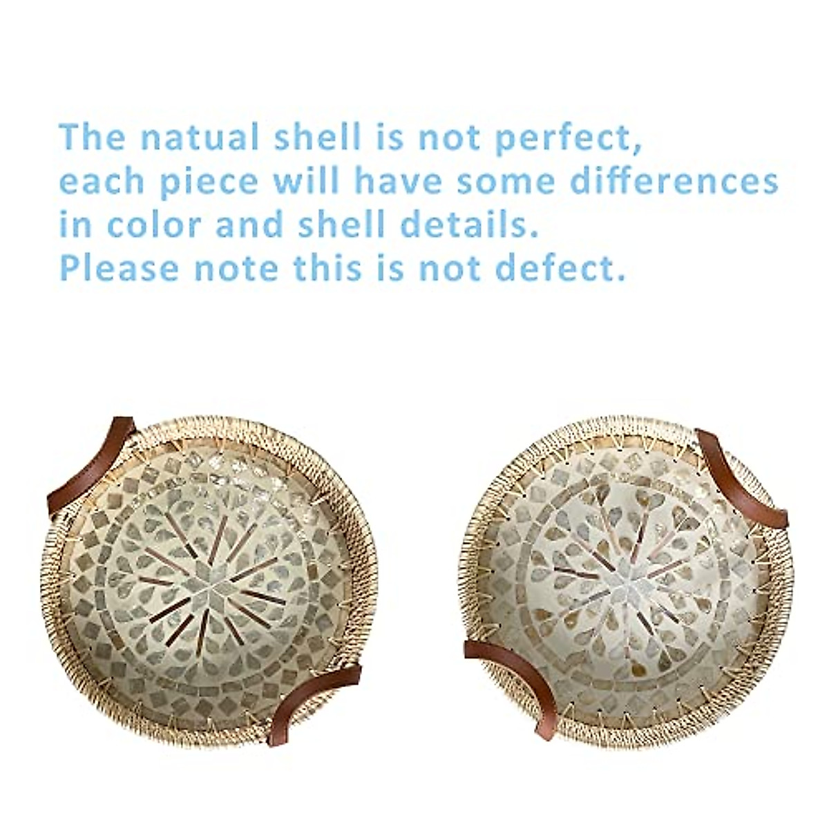 Large Round Rattan Tray with Mother of Pearl Inlay, Woven Wicker Tray with Leather Handles, Coffee Table Wicker Tray for Storage and Organizer, Farmhouse Boho Home Décor (White),12 Inch