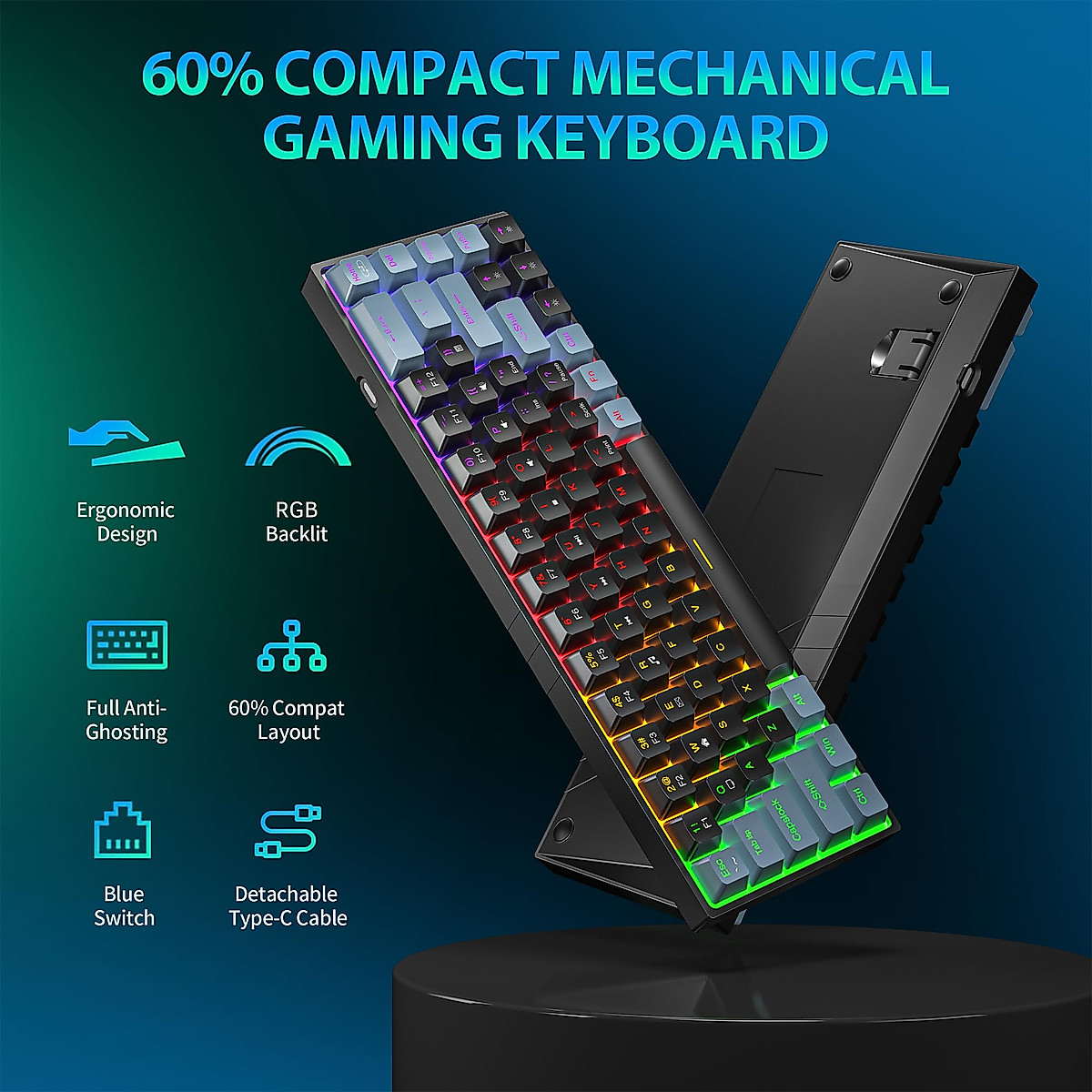 60% Percent Mechanical Gaming Keyboard, RGB Backlit 68 Keys Ultra-Compact Wired Keyboard with Detachable Type-C Cable, Full Anti-Ghost, Blue Switch Portable Mini Keyboard for Windows PC Mac Xbox Gamer