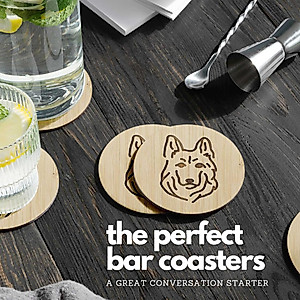 Set of 6 Bamboo Coasters with Holder - 3.9 Inch Fun Dog Coasters - Non-Stick Absorbent Engraved Laser-Cut - Durable, Washable (German Shepherd)