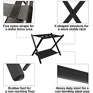 Fandature Folding Luggage Rack for Guest Room, Metal Foldable Suitcase Stand Holder with Colth Shelf for Bedroom, Black, 1pack