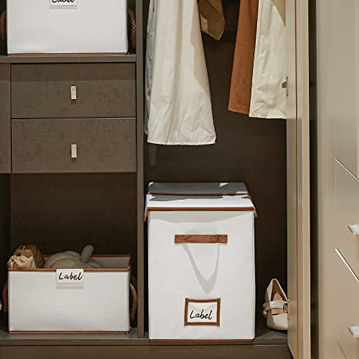 LoforHoney Home Large Storage Bin with Lid for Clothes, Foldable Laundry Basket with Durable Handles, Double Laundry Hamper with Divider, Fabric Storage Bin with Lid for Organizing, Beige