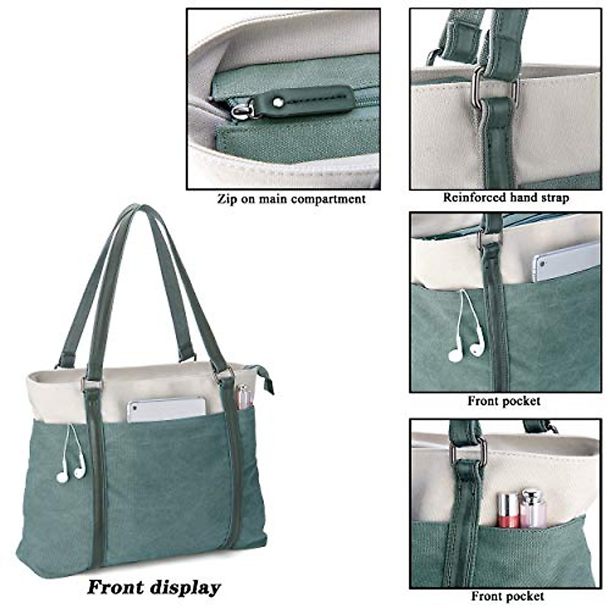 Scioltoo Tote Purses for Women 15.6 In Canvas Teacher Shoulder Bag With Zipper Women's Large Handbags Purse Bag for Work and Travel with Pockets Green