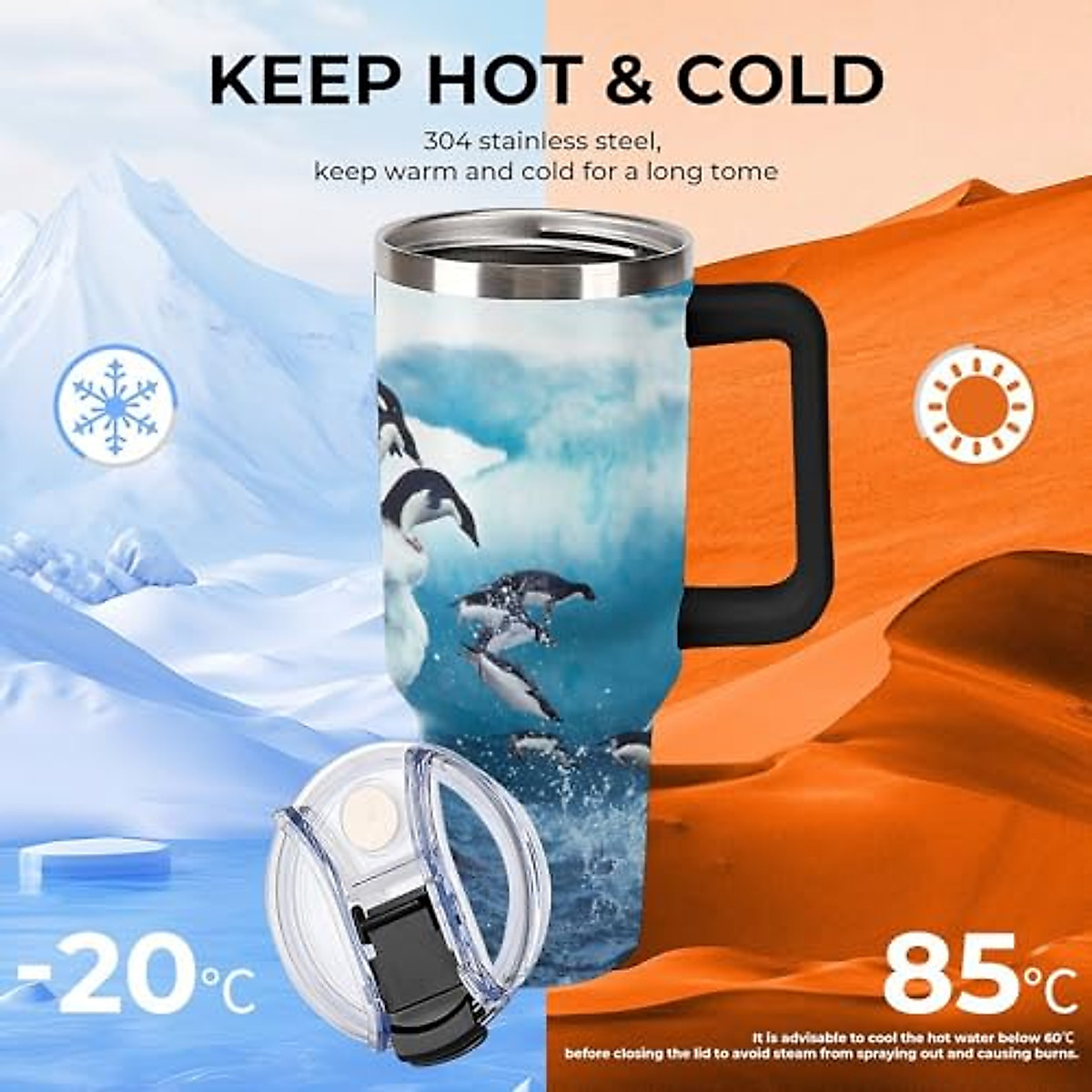 Niapessel Leak Proof Tumbler, Insulated Water Bottles with Straw, Penguin Group Into Ocean Insulated Cup with Handle 40 Oz Stainless Steel Flask for School, Travel, Car, Sports, Work