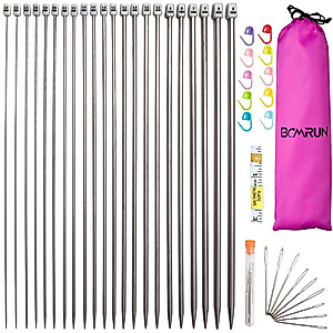 Knitting Needle Set, BCMRUN 22PCS 2mm(B)-8mm(L) Straight Single Pointed Stainless Steel Sweater Needles Set(11Pair-11 Size,9.8 inch) with Locking Stitch Makers Large-Eye Needles Measure Tape (36CM)