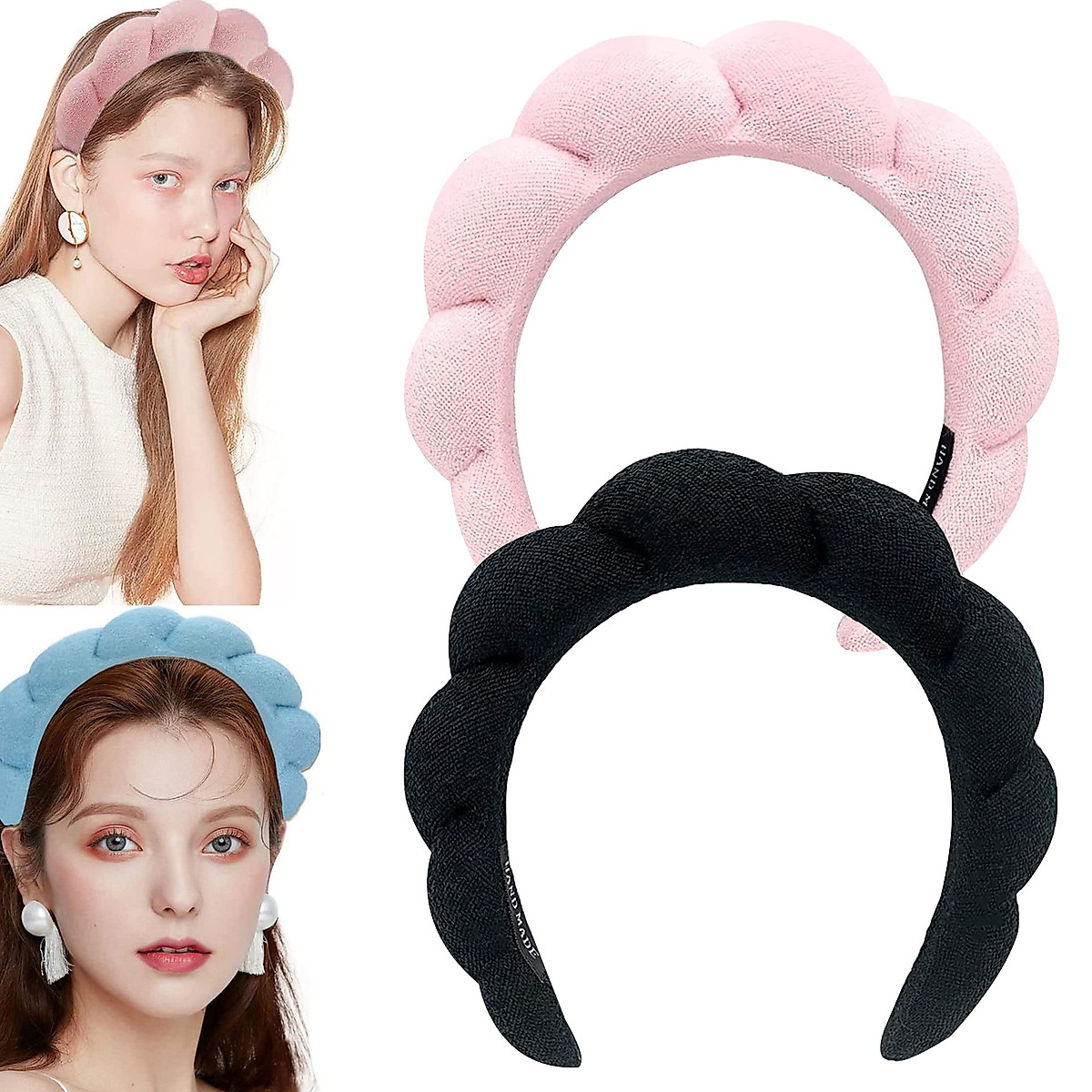 XSHYE Spa Headband for Women Girls Makeup Headband Sponge Terry Towel Cloth Fabric Headband for Washing Face,Skincare,Shower Hair Accessory (2 Pack - Pink+Black)