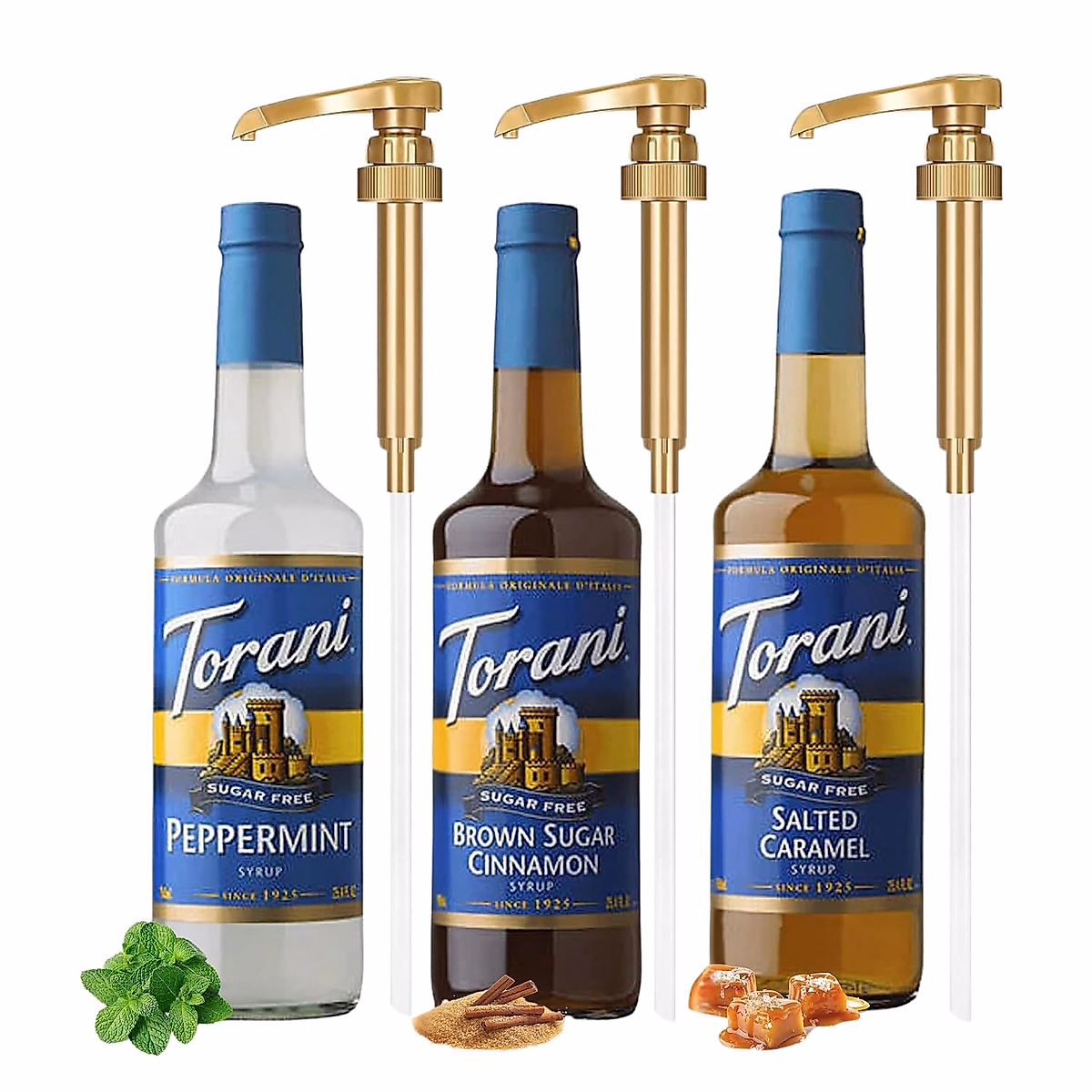 Winter Flavors Sugar-Free Syrup Elixir Trio - Brown Sugar Cinnamon, Peppermint & Salted Caramel Coffee Syrup Flavoring Variety Pack with 3 Jimoco Pump Dispensers- Perfect for Lattes, Cocktails, and Desserts - Three 25.4 Oz Bottles