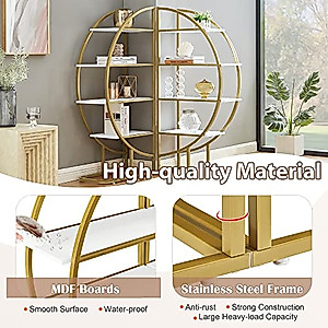 Merax Round Bookshelf Storage Display Shelf Organizer, 4 Tiers L Shaped Corner Bookcase Shelving Unit for Home Office, White, Gold