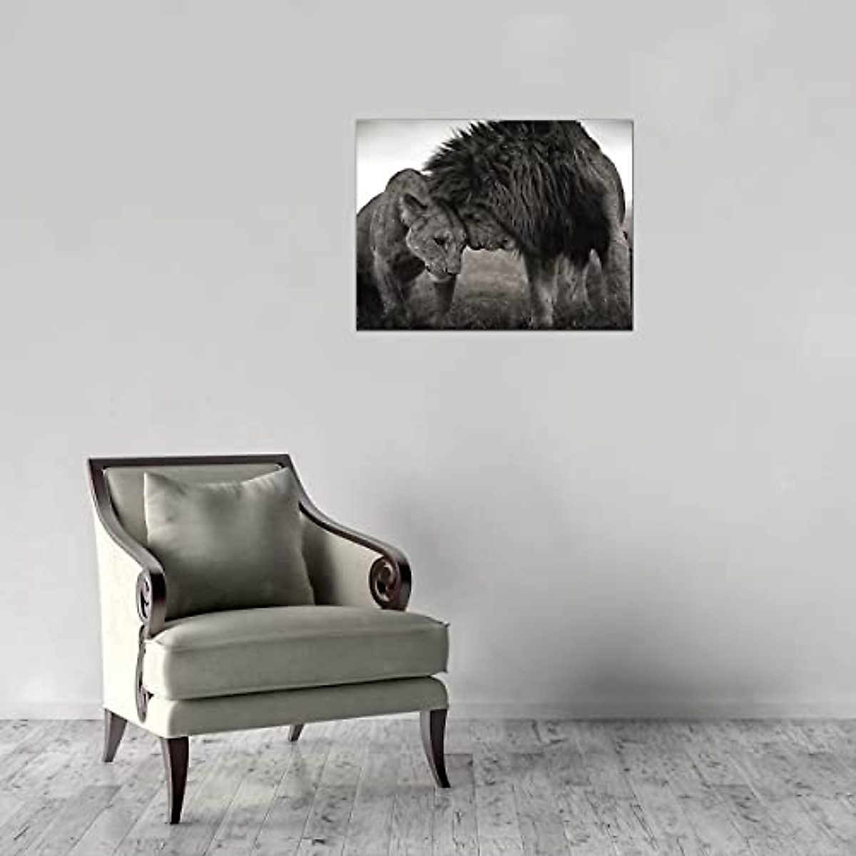 Black and White Lion and Lioness Poster Print Bedroom Living Room Wall Art African Couple Animal Artwork Framed Canvas Painting Print for Office Home Decor Ready to Hang 16x24inch