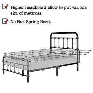 Macbimony Queen-Bed-Frame with headboard Giselle-Vintage Antique-Metal - Platform Mattress Foundation,49 inch High,No Box Spring Needed(Black)