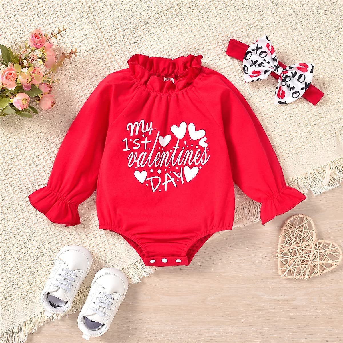 Newborn Baby Girl My First Valentines Day Outfits My 1st Valentines Day Romper+Pants+Headband Clothes Set (Red, 0-3 Months)