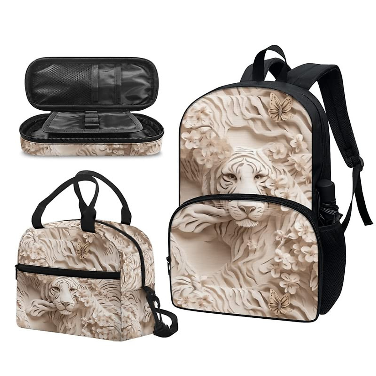 Semiouray White Tiger Floral Print Knapsack 3 Piece Backpack for Girls-Boys Retro Art Paper Sculpture Tiger Middle-School Elementary Bookbags with Lunch Kits & Pencil Bag