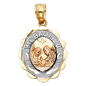 Wellingsale 14K Tri 3 Color Gold Polished Milgrain Religious Baptism "Mi Bautizo" Charm Pendant