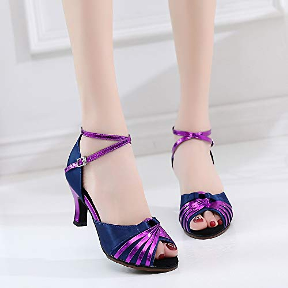 JUODVMP Women's Ballroom Latin Modern Dance Shoes Salsa Performance Suquins Synthetic Wedding Party Tango Dancing Shoes with Rubber Sole,Model QJW6117-6,Blue,9 US