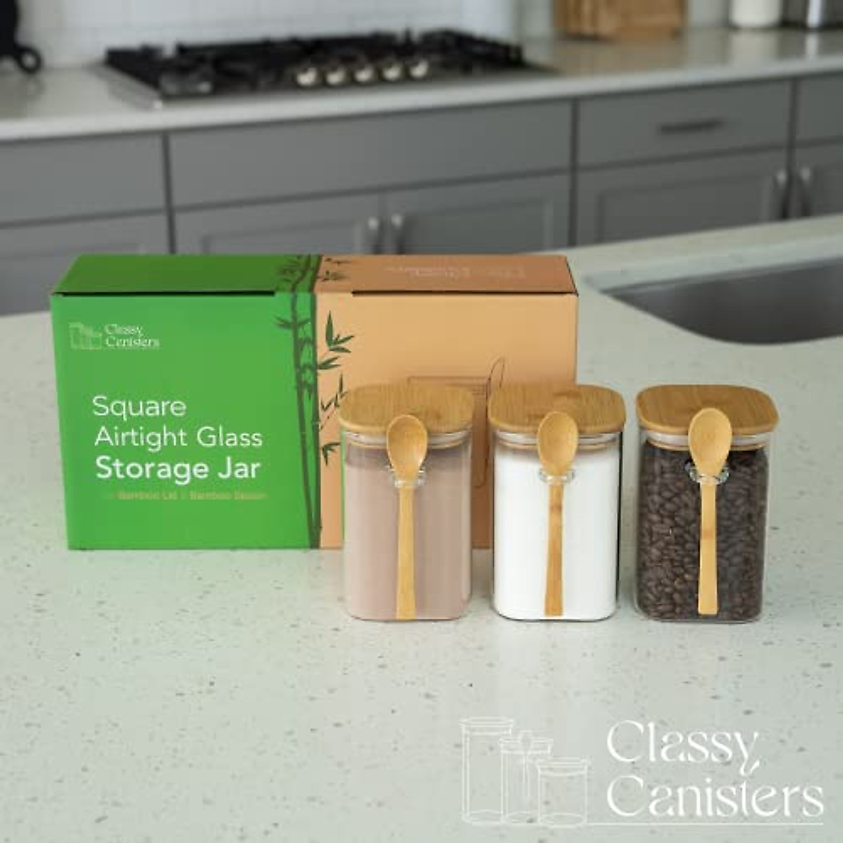 Set of 3 Square Glass Food Storage Containers With Bamboo Lids & Spoons – Decorative Airtight 40 Ounce Borosilicate Glass Food Storage Jars for Coffee, Tea, Sugar, Flour, Candy, Bath Salts & More