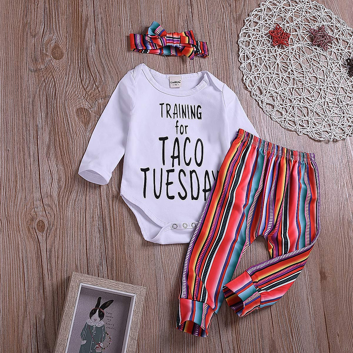 TROSJ 3Pcs Newborn Infant Baby Boy Girl Outfits Long Sleeve Letter Print Romper Tops +Rainbow Striped Pants + Headband Clothes Set (White, 6-12 months)