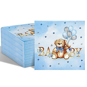 100 Pack Bear Baby Shower Napkins Square Bear 3 Ply Paper Napkins Blue Disposable Balloon Star Bear Cocktail Napkins for Baby Shower Gender Reveal Birthday Party Decorations, 5 x 5 Inch