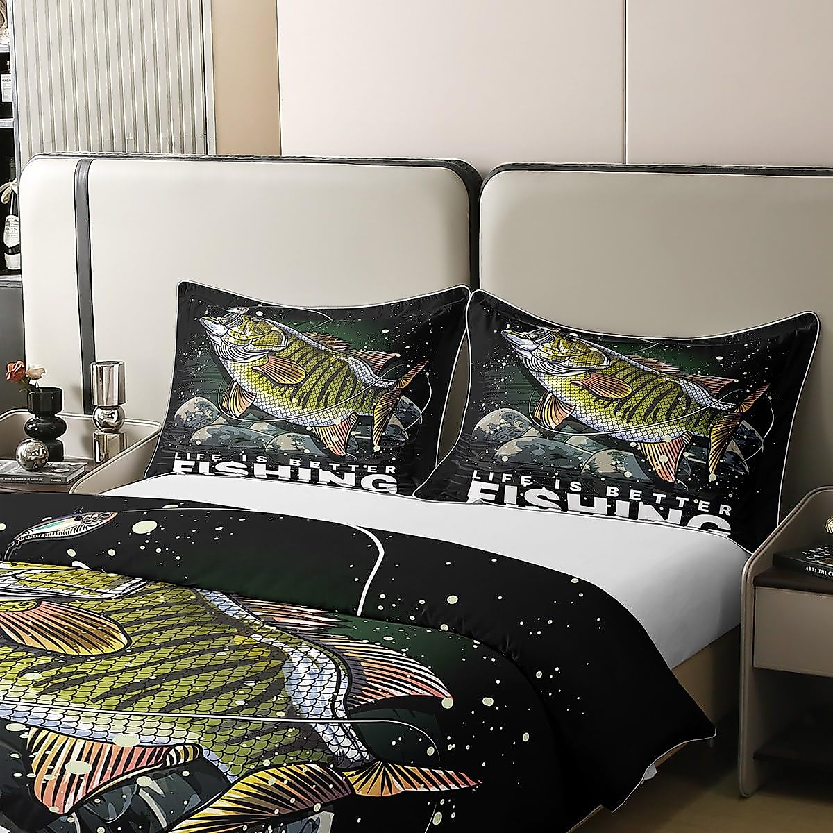 jejeloiu Big Pike Fish Duvet Cover 100% Cotton Bass Big Fish Bedding 100% Cotton Set Fishing and Hunting for Children Microfiber Fisherman Fish Man Duvet Set Room Decor Quilt Cover Full Zipper