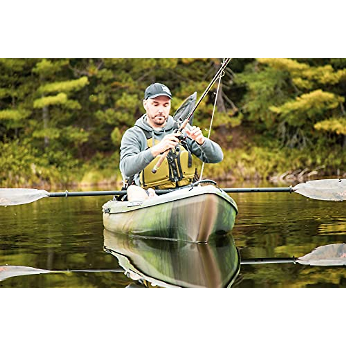 Pelican - Basscreek 100XP Fishing Kayak - Sit-On-Top Kayak - Lightweight one Person Kayak - 10 ft,Olive Camo