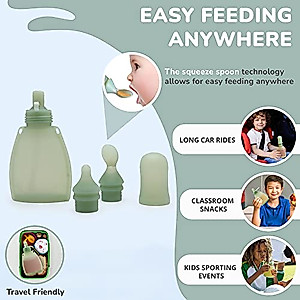 KAANG Silicone Baby Food Pouches Refillable 5oz 2 Pack, Reusable Food Pouches for Baby Food Storage with Spoon Feeder for Toddlers and Babies, Make Homemade Organic Food (Green)