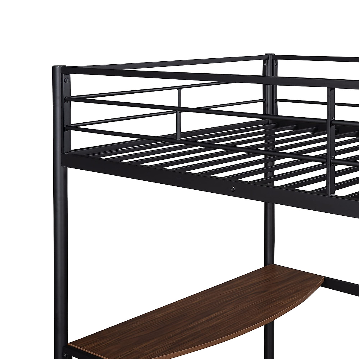 BOVZA Metal Loft Bed Twin Size with Desk, Ladder and Guardrails, for Kids Teens Adults, Black