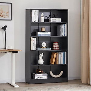 STARY 5 Shelf Black Bookcase 60 inch Tall Wood Bookshelf for Bedroom