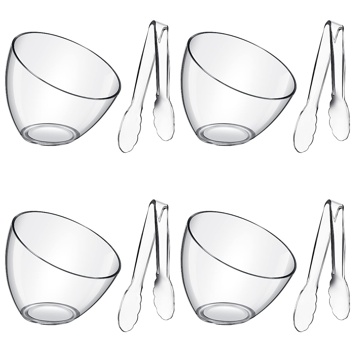 8 Pcs Acrylic Bowls Angled Plastic Bowls with Tongs Clear Salad Serving Bowls Thick Acrylic Serving Bowls for Parties Snack Candy Bowls Buffet Containers for Pasta, Chips, Fruit, Prep