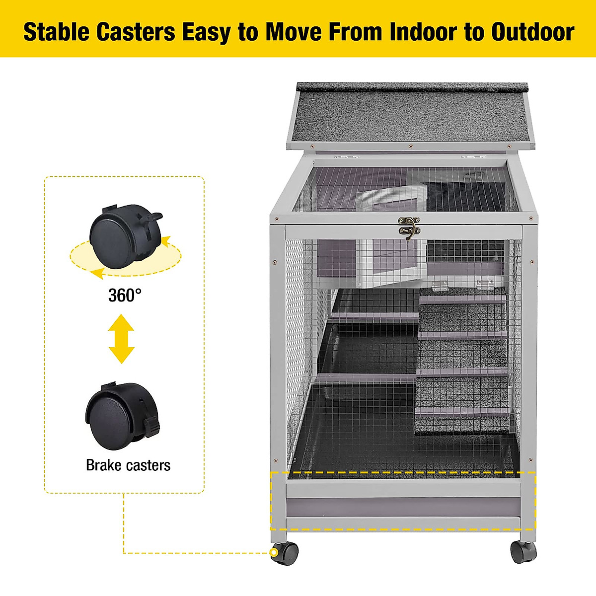Aivituvin Rabbit Hutch 93.7" Large Rabbit Cage Indoor Outdoor Guinea Pig Cage Chicken Coop on Wheels Bunny Cage with 4 Deep No Leakage Pull Out Tray,Waterproof Roof