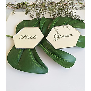 XIAOYUE Bride and Groom Acrylic Mirrored Hexagon Place Cards, Geometric Bride and Groom Table Setting,Wedding Place Cards, Bride and Groom Set (Silver Mirror)