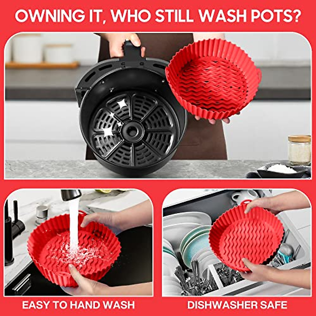 Air Fryer Liners, MIAOKE 8.5 Inch Silicone Air Fryer Liners with Silicone Oil Brush And Anti-Scald Gloves Set Heat Resistant Easy Cleaning Reusable Air Fryer Accessories 5 Pack- (Red/Pink)