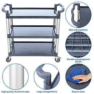 Gravee Service Cart Heavy Duty 3-Shelf Rolling Utility/Push Cart with Lockable Wheels, 360 lbs. Capacity, Black, for Foodservice/Restaurant/Cleaning grey
