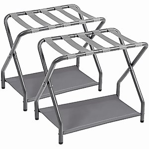 AMHANCIBLE Luggage Rack, Set of 2, Foldable Suitcase Stands for Guest Room, Metal Luggage Holder with Storage Shelf for Bedroom, Hotel, Easy Assemble, HLR02GY