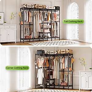 HOKEEPER Heavy Duty Clothes Rack Portable Closet Rack with Adjustable Shelves, Side Mesh Board and Hooks Freestanding Clothing Racks for Hanging Clothes Garment Racks Load 1500LBS 76"W*16"D*76"H Black