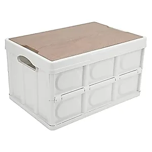 Alomejor 30L Storage Box Crate with Lid Folding Storage Box with Wooden Cover Panel for Home Outdoor(White)