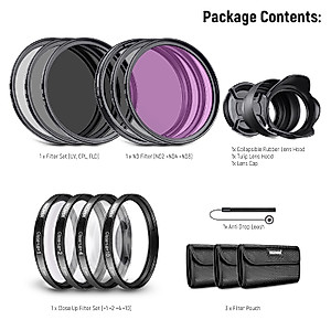 NEEWER 67mm ND/CPL/UV/FLD/Close Up Filter and Lens Accessories Kit with ND2 ND4 ND8, Close Up Filters(+1/+2/+4/+10), Tulip Lens Hood, Collapsible Rubber Lens Hood, Lens Cap, Filter Pouch