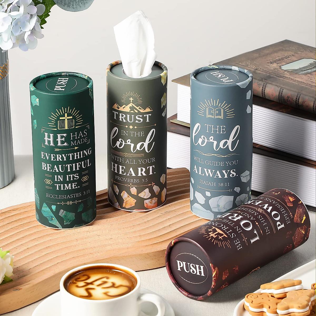 PerKoop 8 Pcs Car Tissue Holder Christian Verses Cylinder Boxes with Facial Tissue Bulk Religious Disposable Round Bible Napkins for Women Teacher Prayer Nurse Holiday Church Supplies Gifts